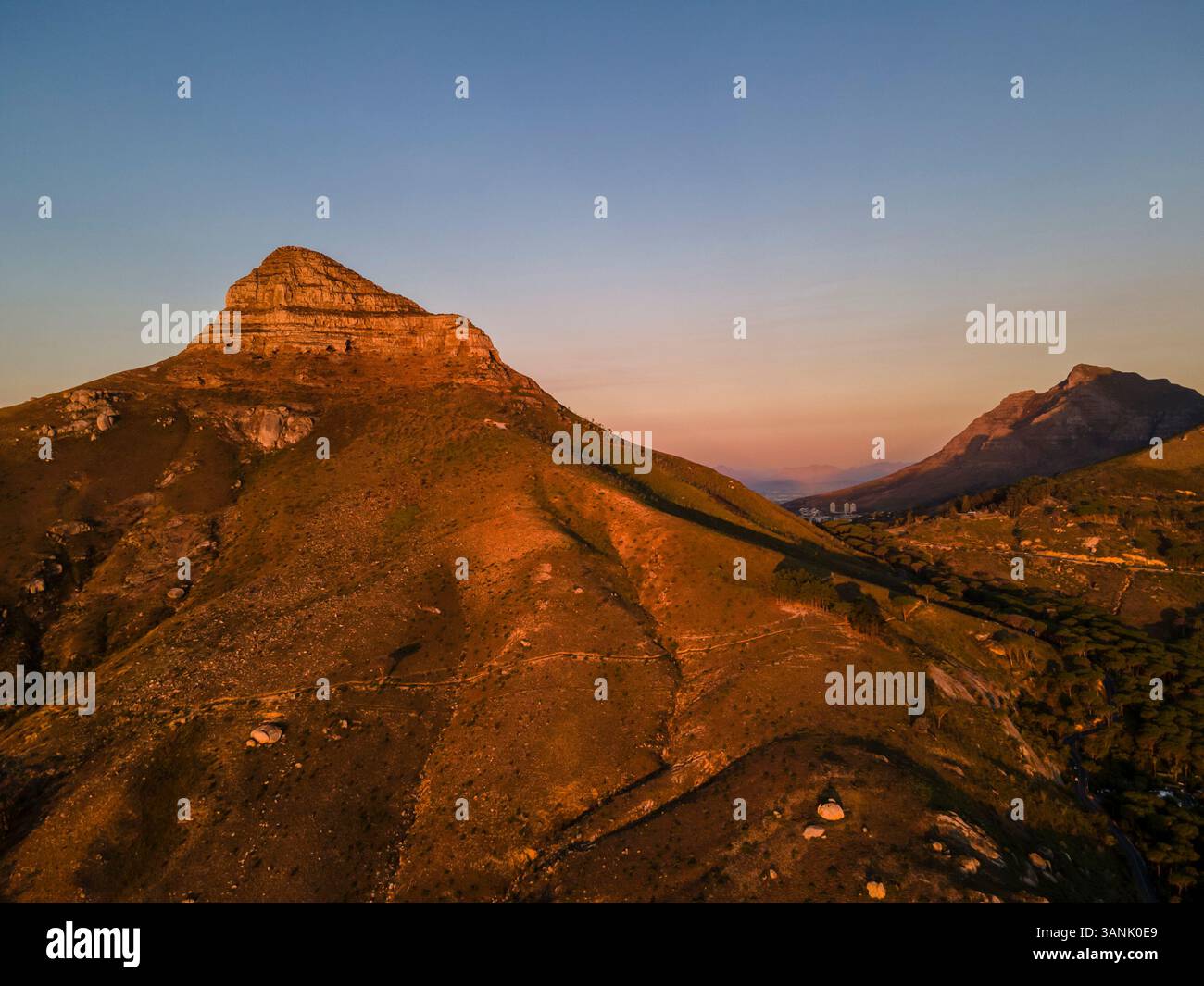 Aerial view of Lion’s Head in golden hour sunset, Cape Town, South ...
