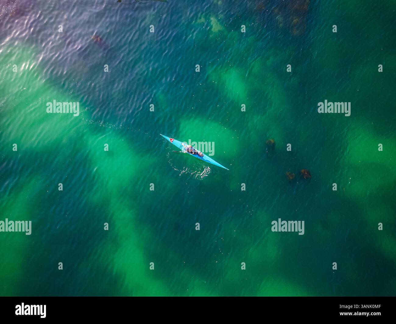 Aerial view of a person paddling a kayak in green shallow water of ...