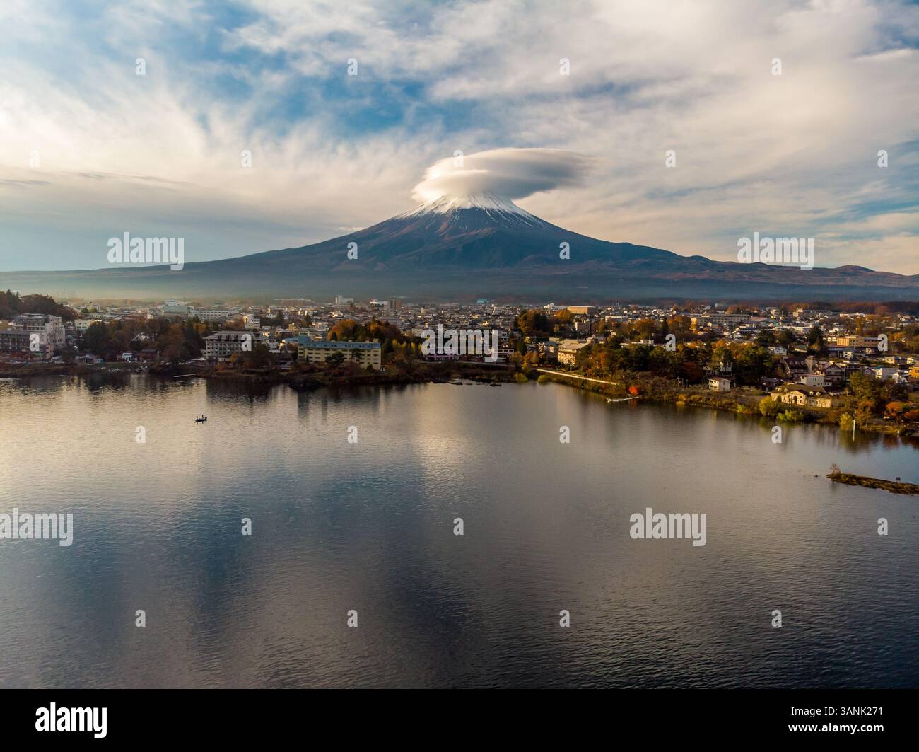 Aerial view of Mount Fuji with autumn colours from Lake Kawaguchi ...