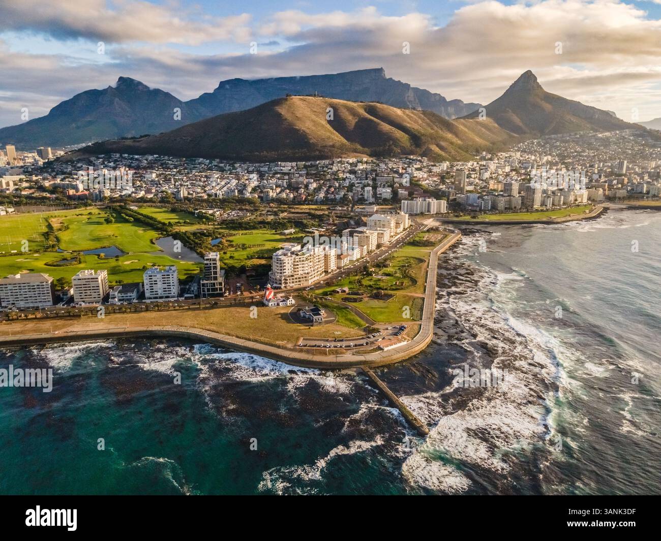 Aerial view of Lion’s Head, Green Point Stadium, Table Mountain and ...
