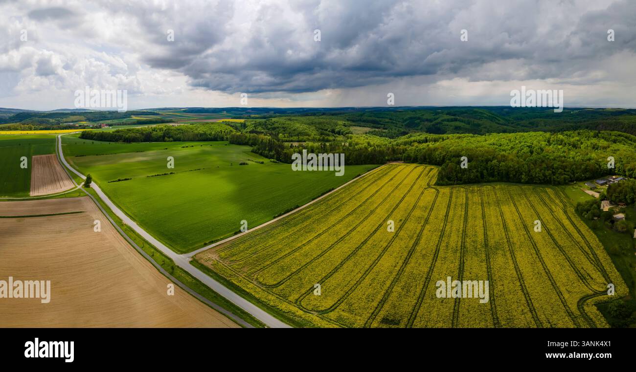 Aerial drone panoramic view of the forest quarter in Lower Austria with ...