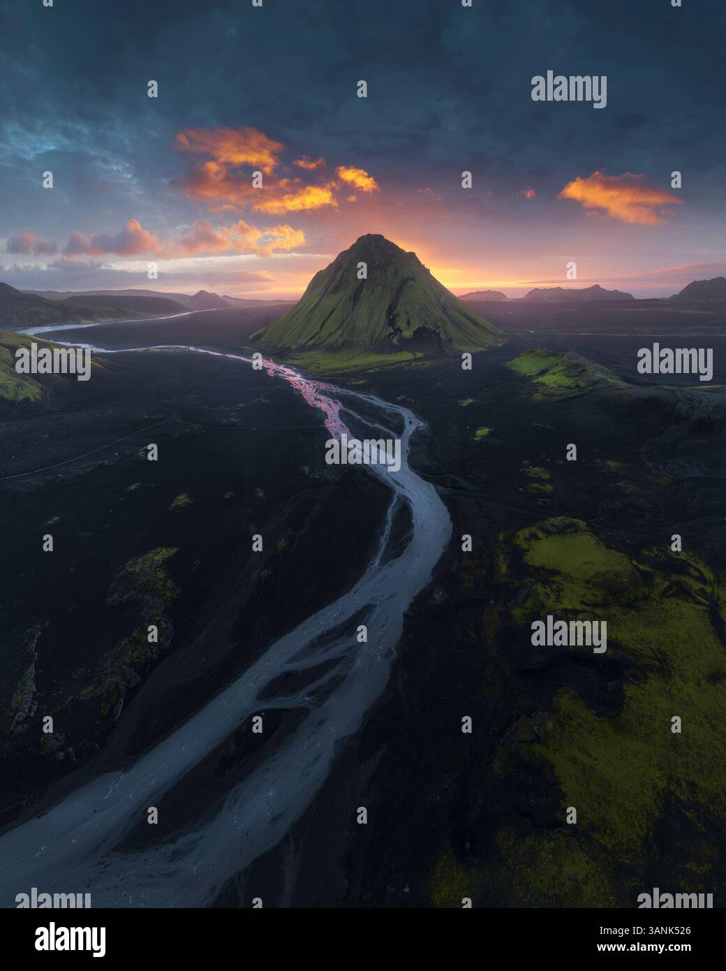 Aerial view of Maelifell mountain with a dramatic sky and river at ...