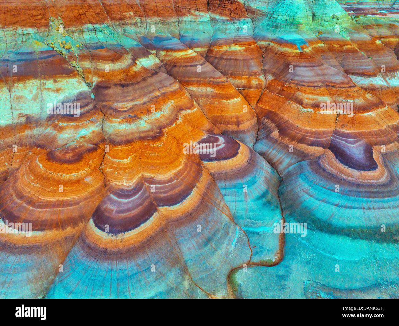 Aerial view of colorful bentonite hills with unique geological ...