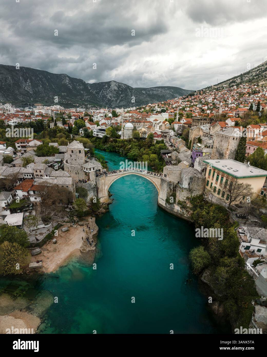 Aerial view of Mostar along the Neretva river, Herzegovina-Neretva ...