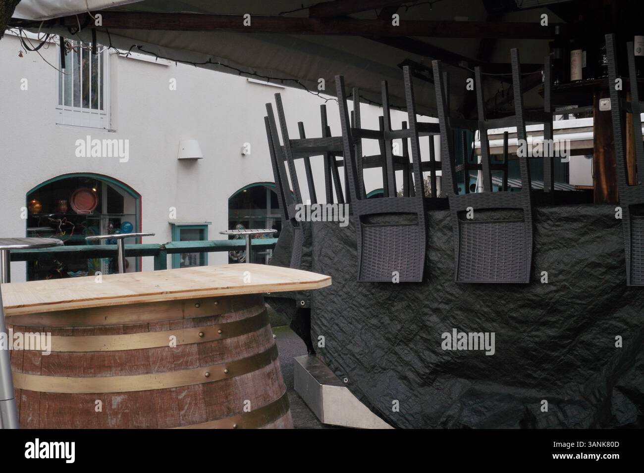 empty bar with chairs up to table, to be opened soon. Quiet, modern ...