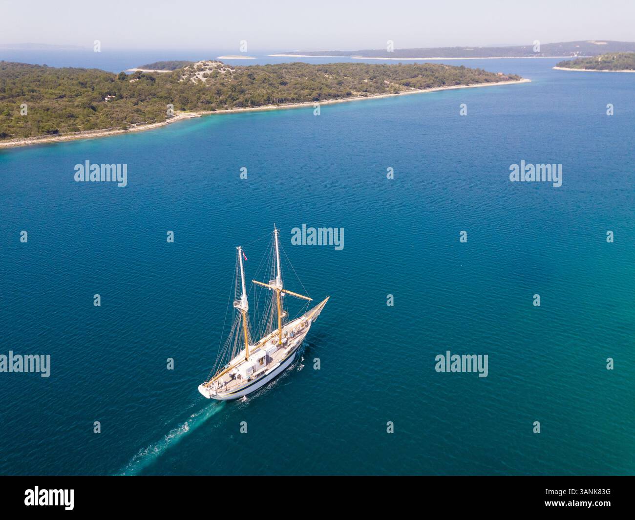 Aerial view of touristic sailing boat crossing the Adriatic sea ...