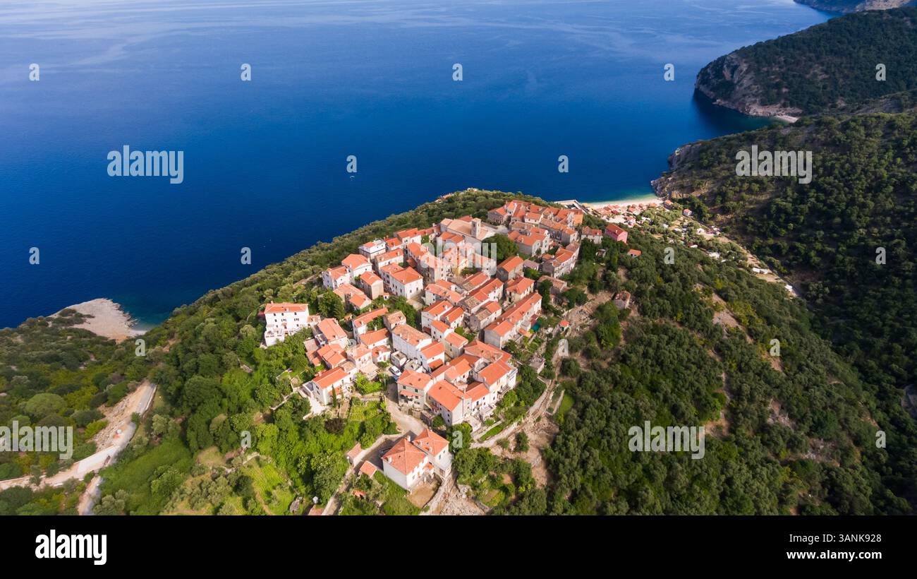 Aerial view of Beli cityscape at the top of mountain, Cres island ...