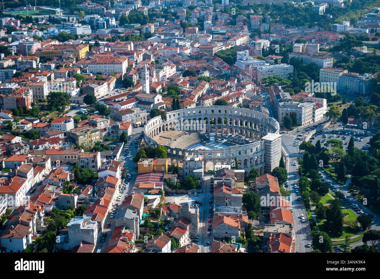 Aerial view of the historic amphitheatre surrounded by beautiful ...