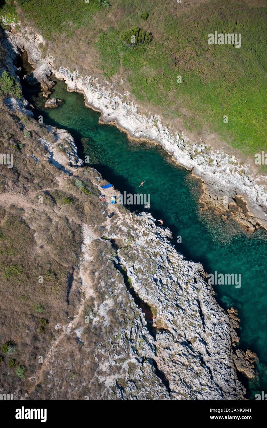 Aerial view of a beautiful creek with people swimming surrounded by ...