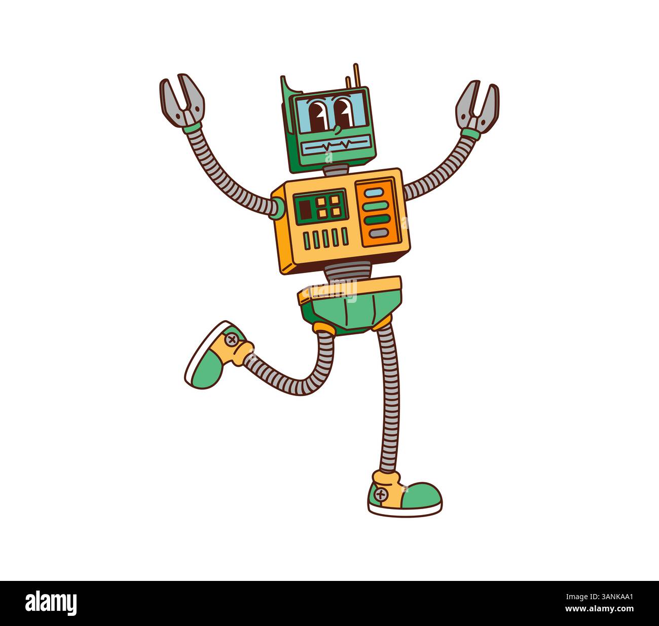 Cartoon groovy robot and droid character running with raised claws ...