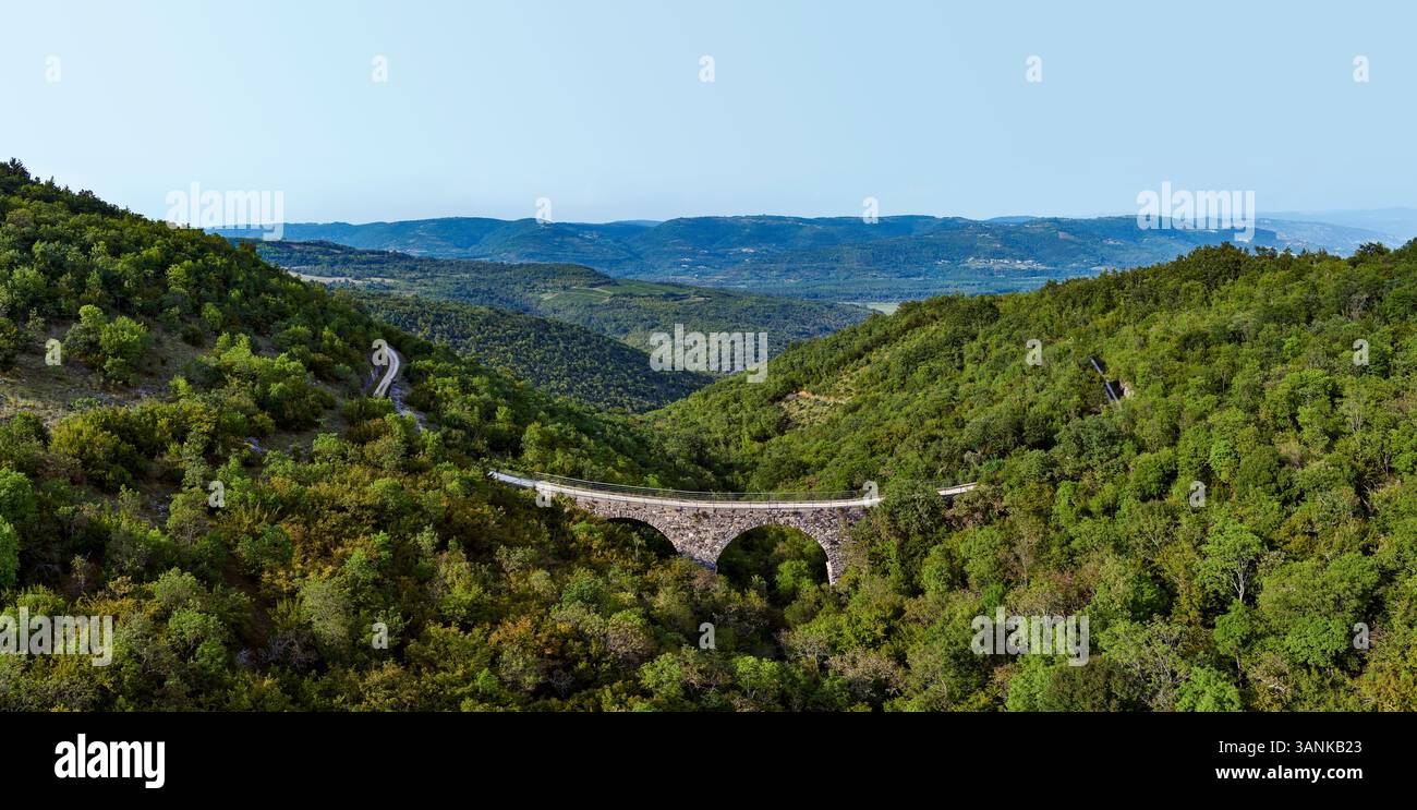 Aerial view of scenic greenery, hills, and mountains with old railroad ...