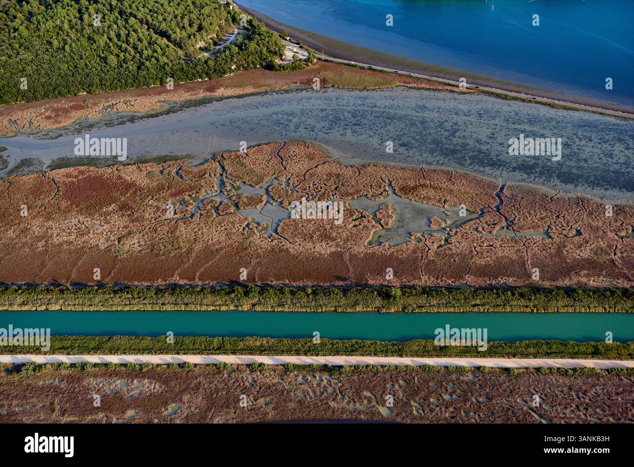 Aerial view of serene river delta and marshland, Mirna, Istria, Croatia ...