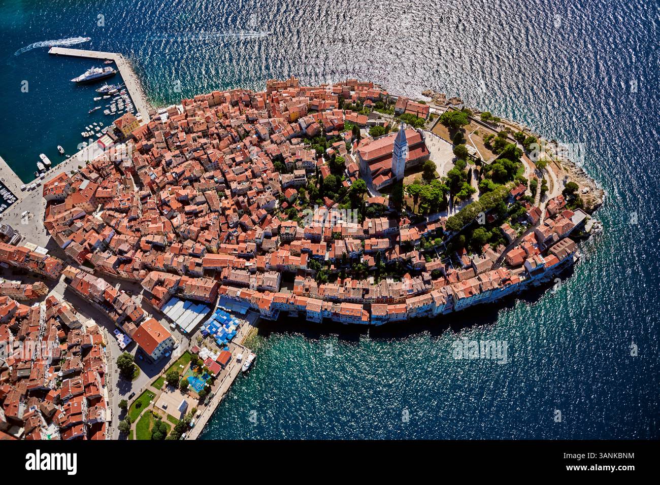 Aerial view of historic city built on an island, Rovinj, Istria ...