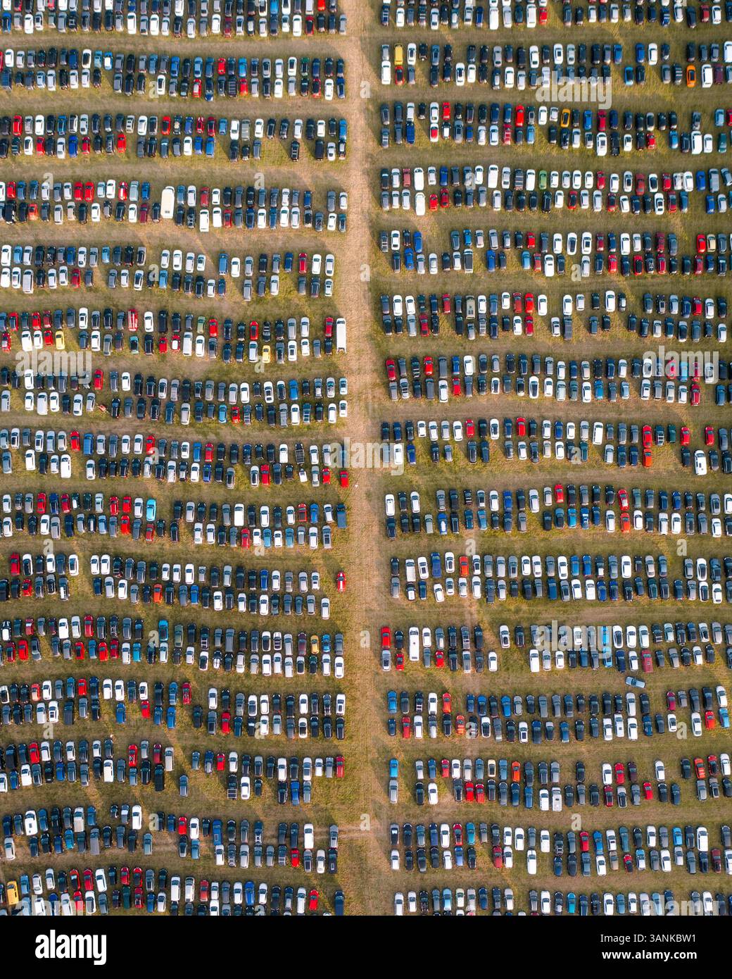 Aerial view of organized and colorful parking lot with rows of cars ...