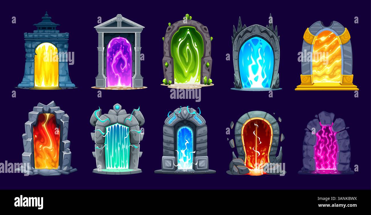 Magic teleport portal gates and doors for game asset, vector cartoon ...