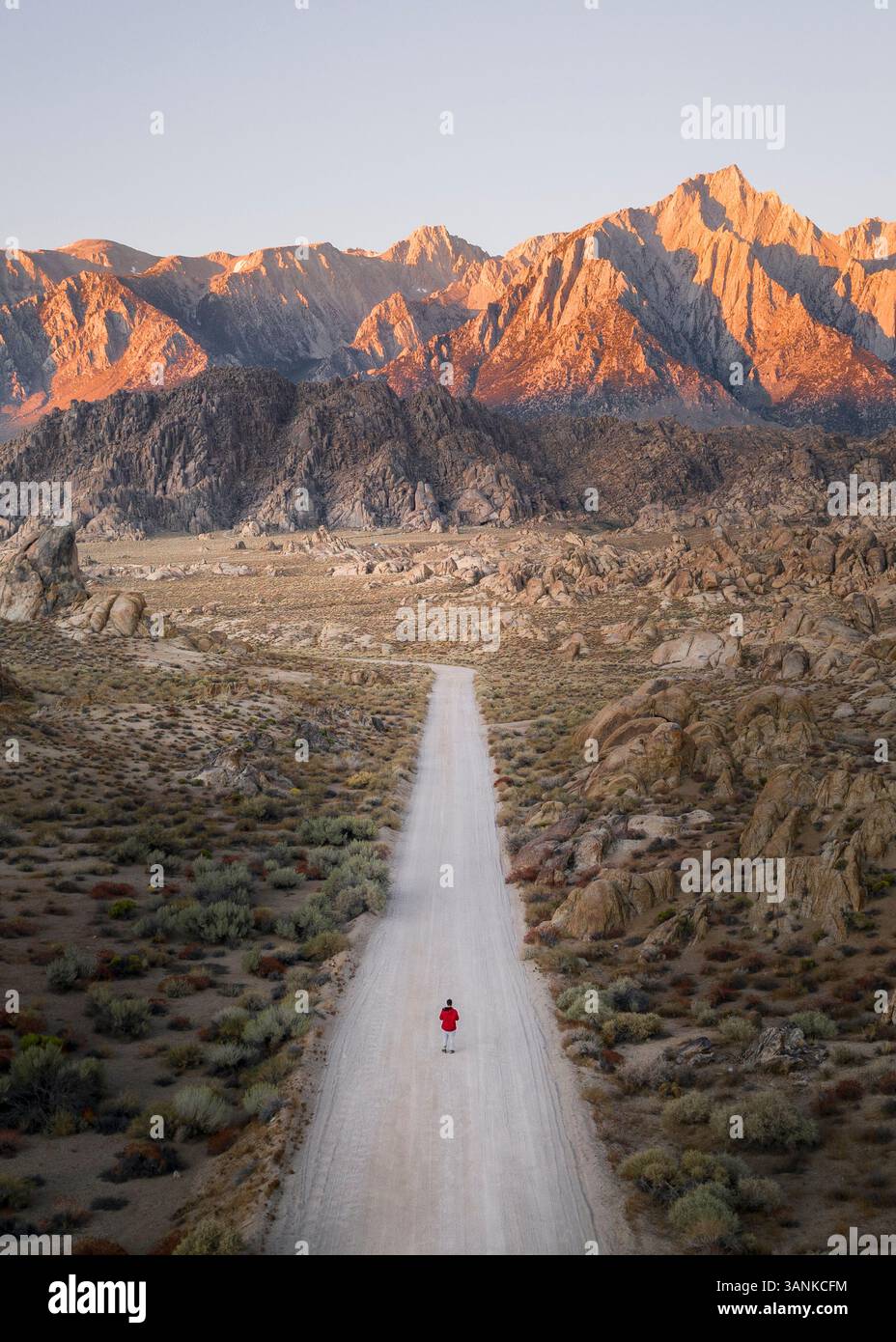 Aerial view of alabama hills with rugged rock formations and a winding ...