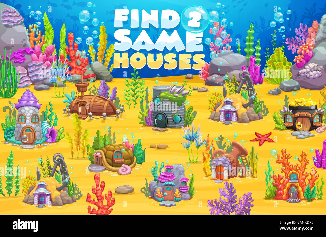 Kids game worksheet, find two same underwater house buildings. Vector ...