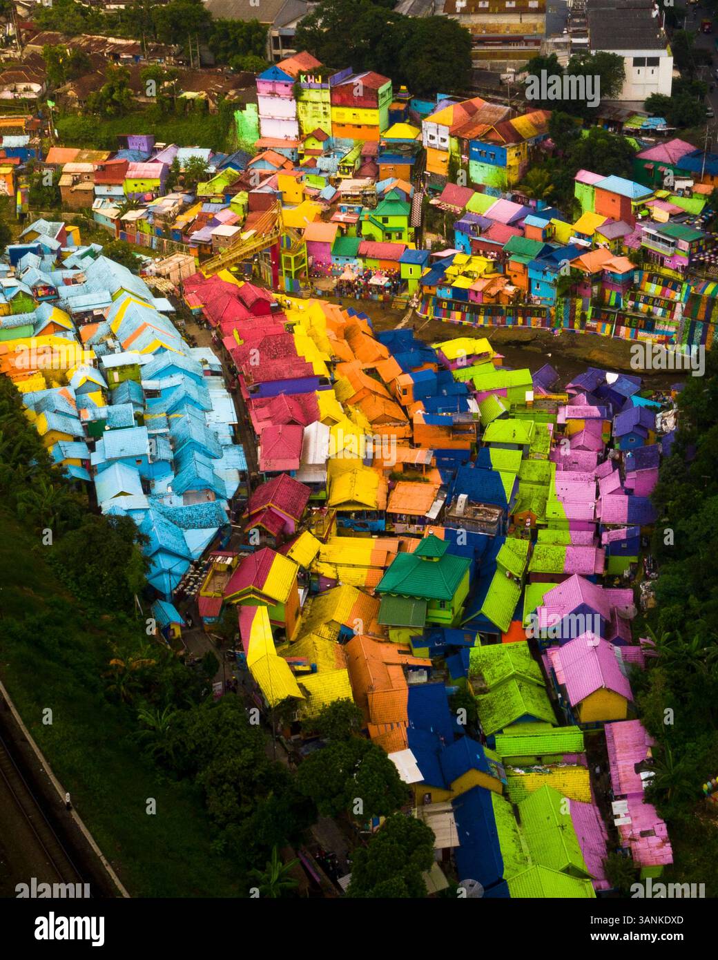 Aerial view of colorful rooftops and houses in a vibrant village ...