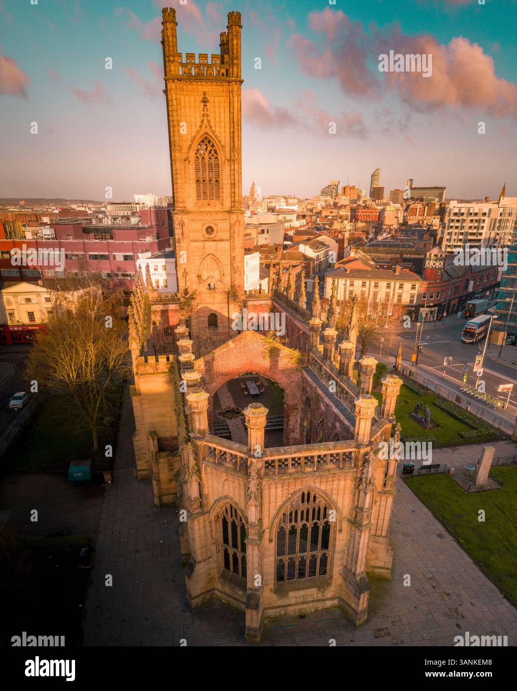 Aerial view of liverpool cathedral at sunset with a scenic cityscape ...