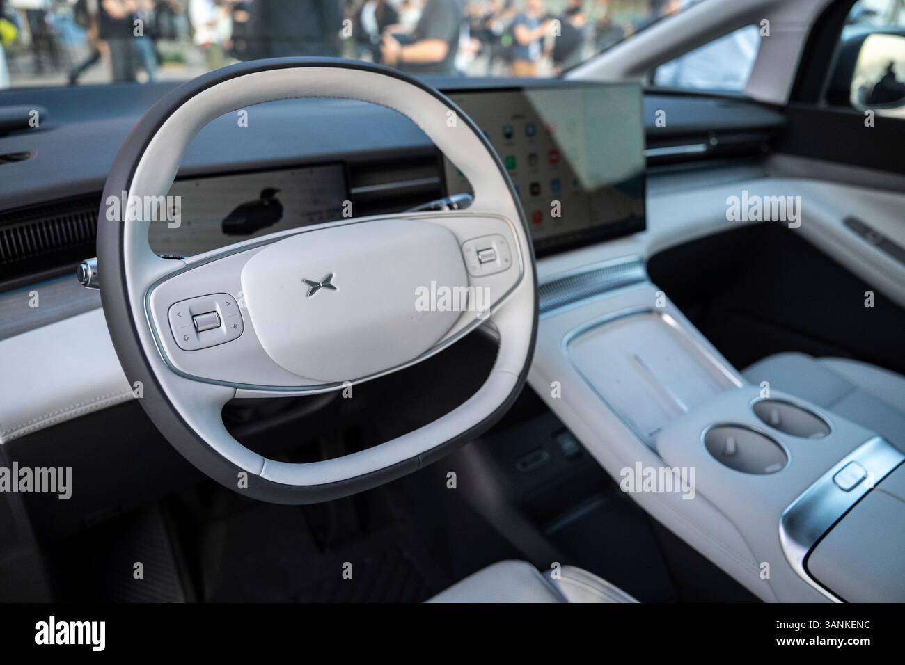 The steering wheel of an XPeng X9 electric vehicle at the company's ...