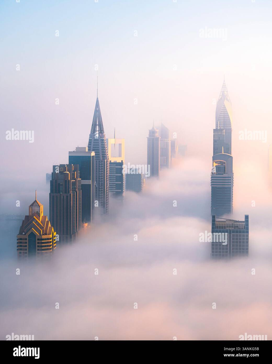 Aerial view of downtown Dubai with fog and mist, Shangri La Dubai and ...