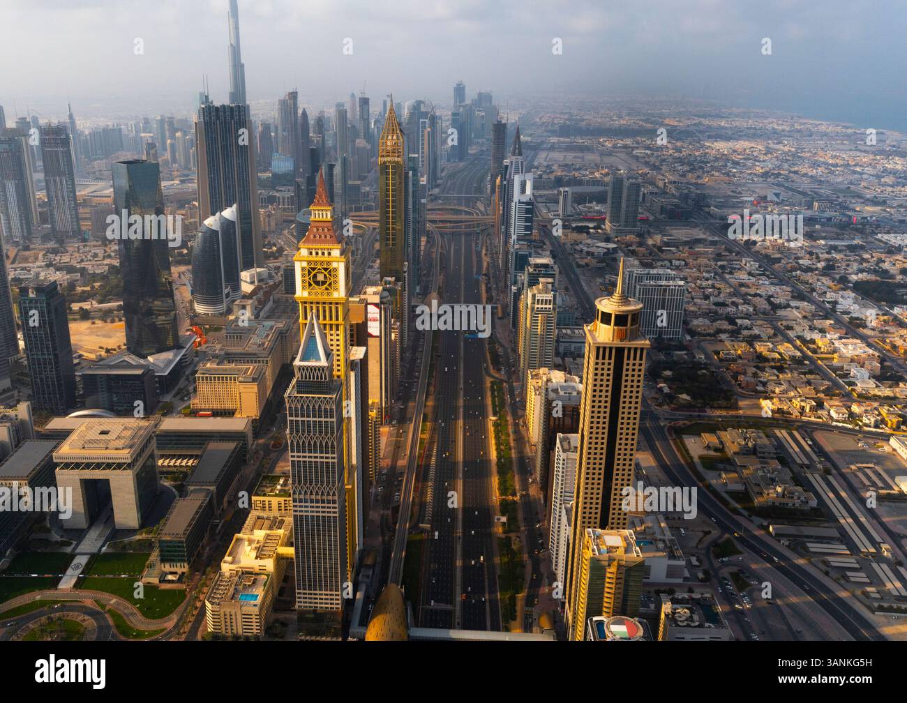 Aerial view of high-rise Al Yaqoub Tower in Downtown Dubai with busy ...