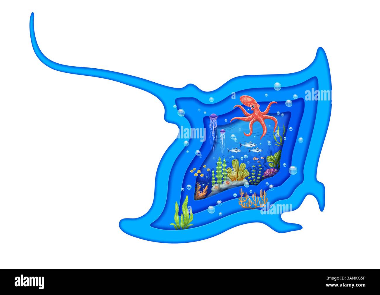Manta ray paper cut silhouette with underwater landscape and fishes ...