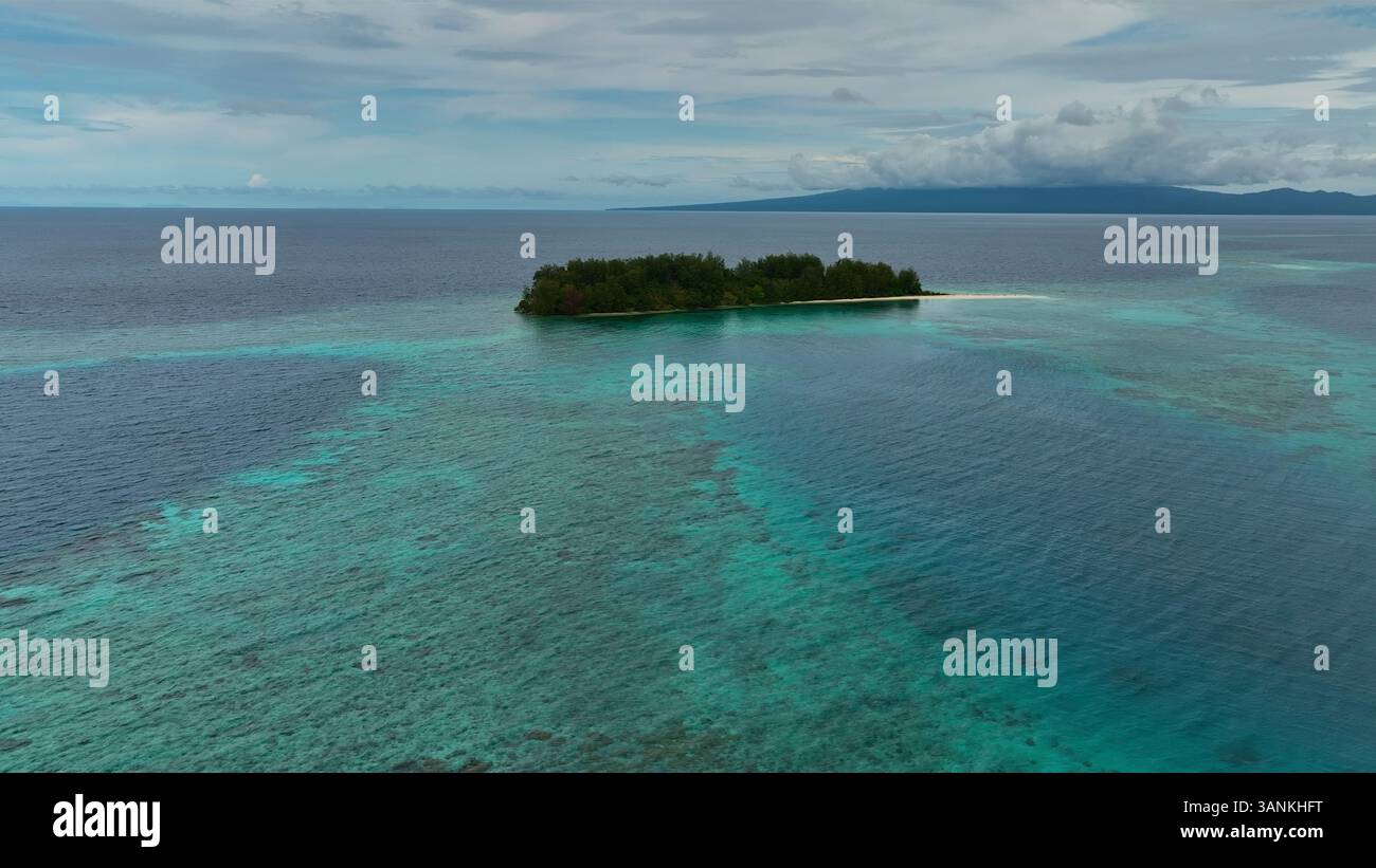 Aerial view of a tropical island with pristine reef and azure waters ...