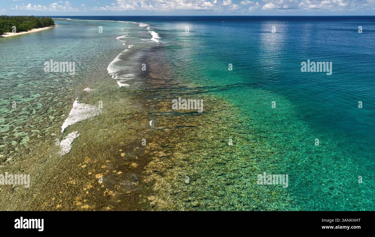 Aerial view of tropical reef and serene ocean with beautiful turquoise ...