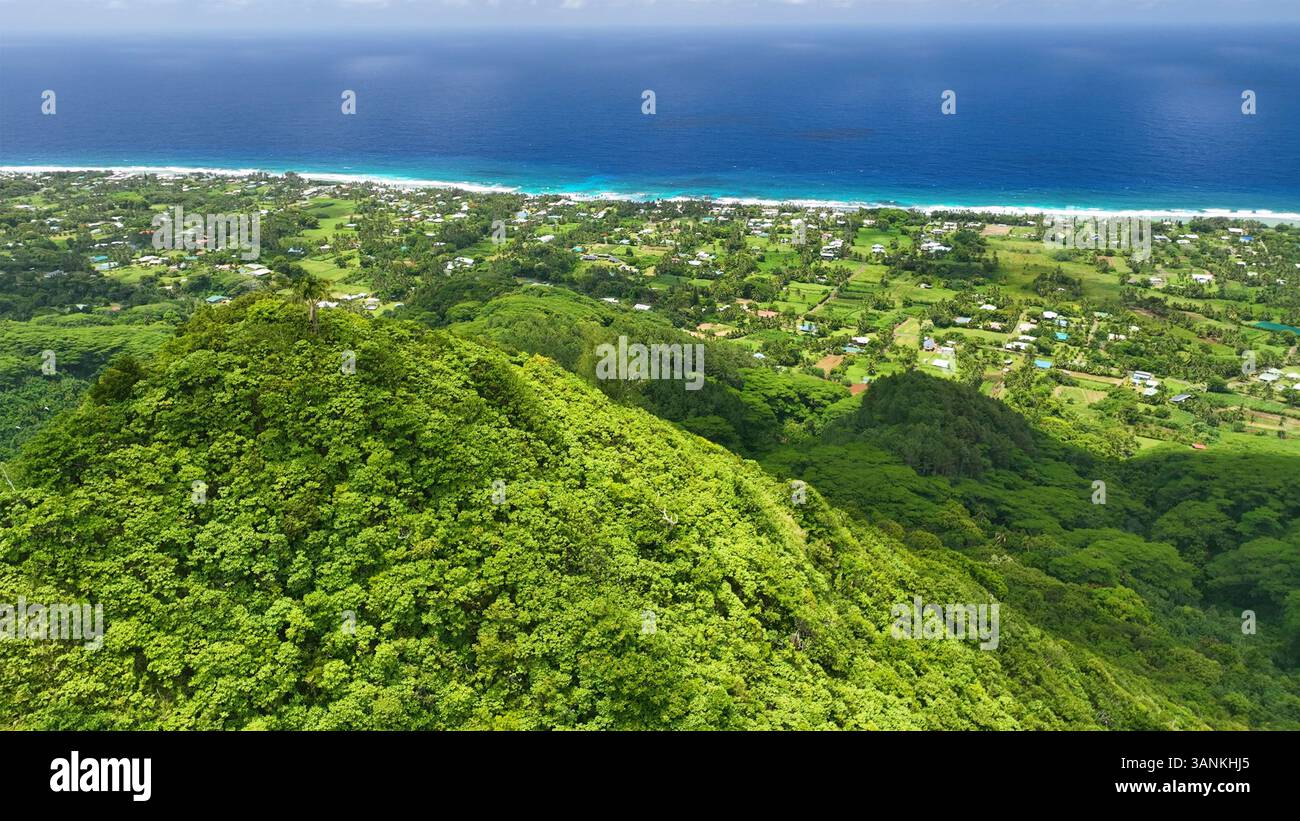Aerial view of lush tropical mountain and unspoiled coastline with ...