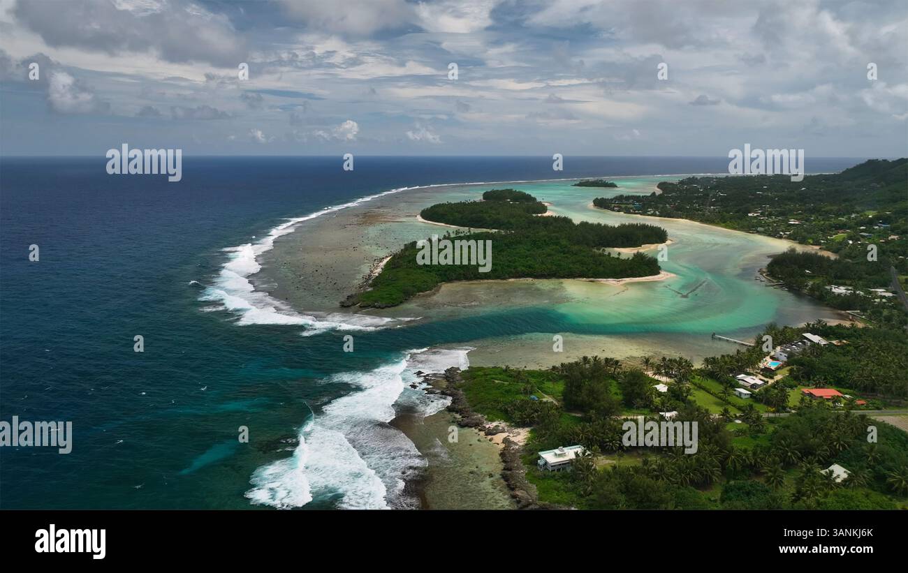 Aerial view of beautiful tropical reef and serene turquoise ocean with ...