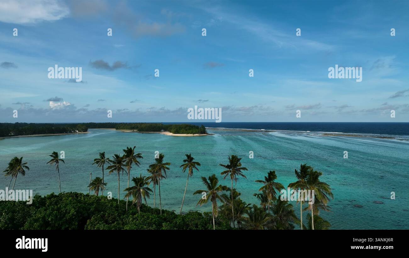 Aerial view of tropical paradise with palms, beach, and reef, Avarua ...