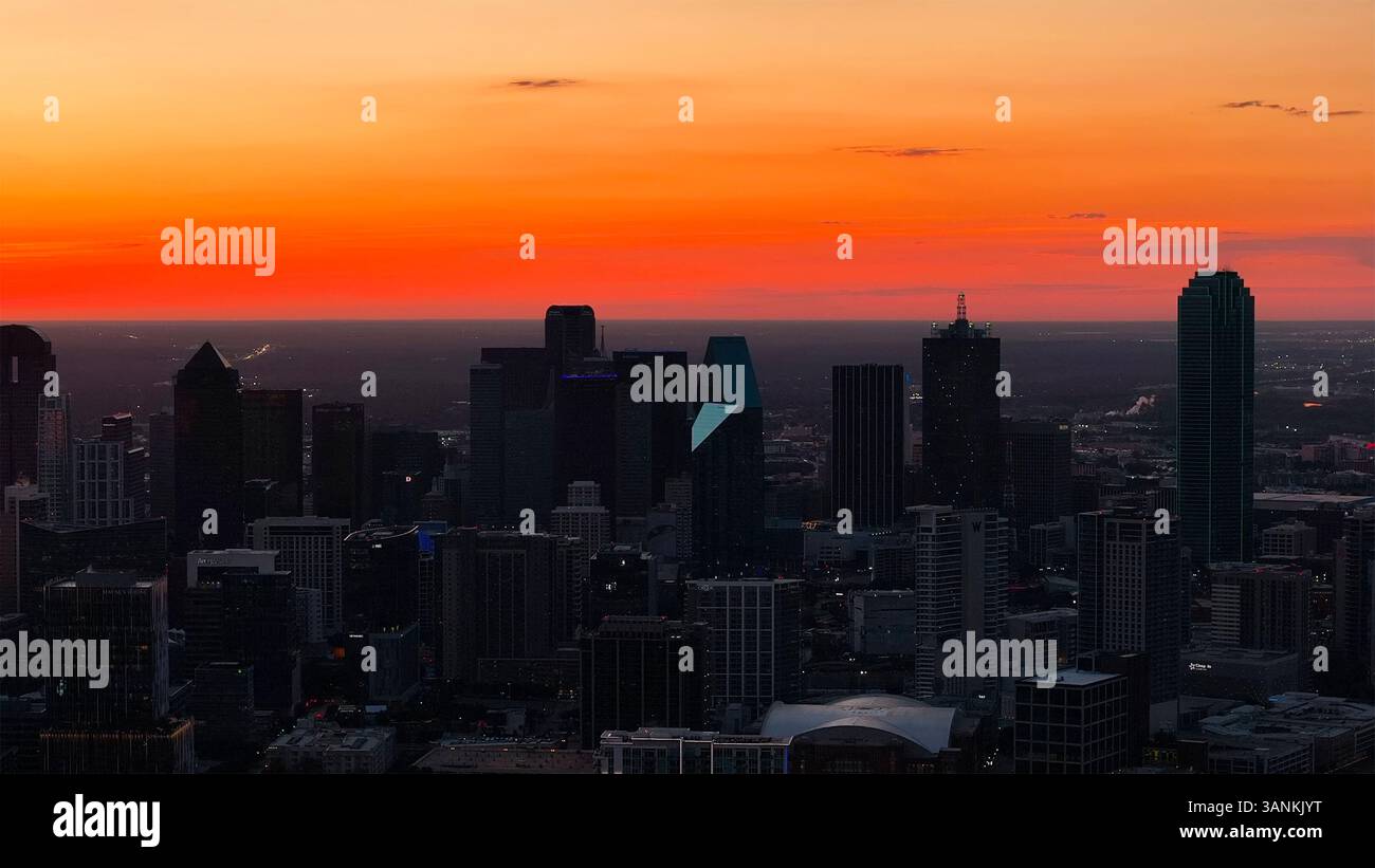 Aerial view of skyscrapers and skyline at sunrise, Dallas, United ...