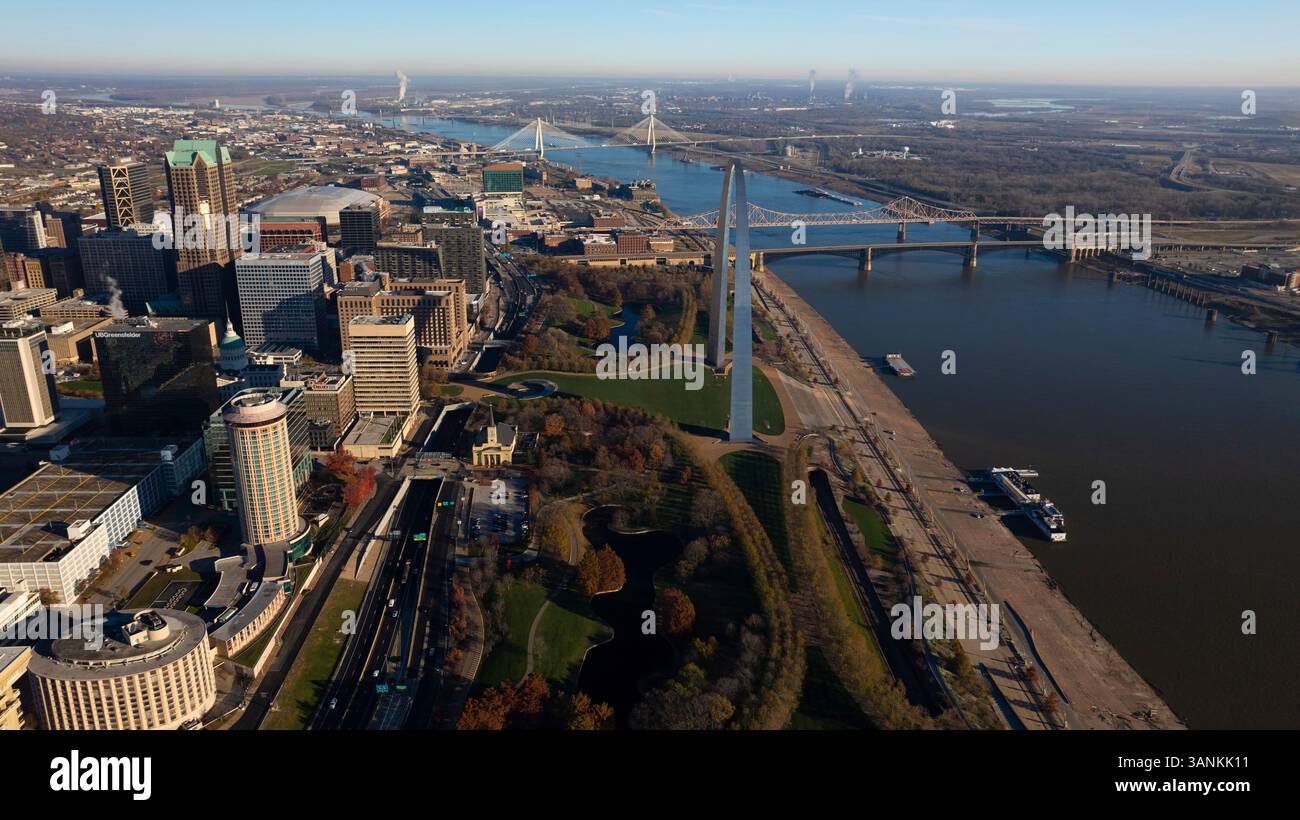 Aerial view of the beautiful skyline with the iconic Gateway Arch and ...