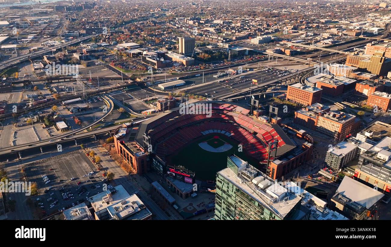 Aerial view of Busch Stadium and the urban skyline in downtown, St ...