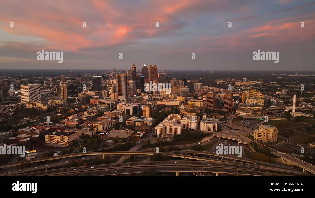 Aerial view of vibrant skyline with iconic Westin Peachtree Plaza and ...