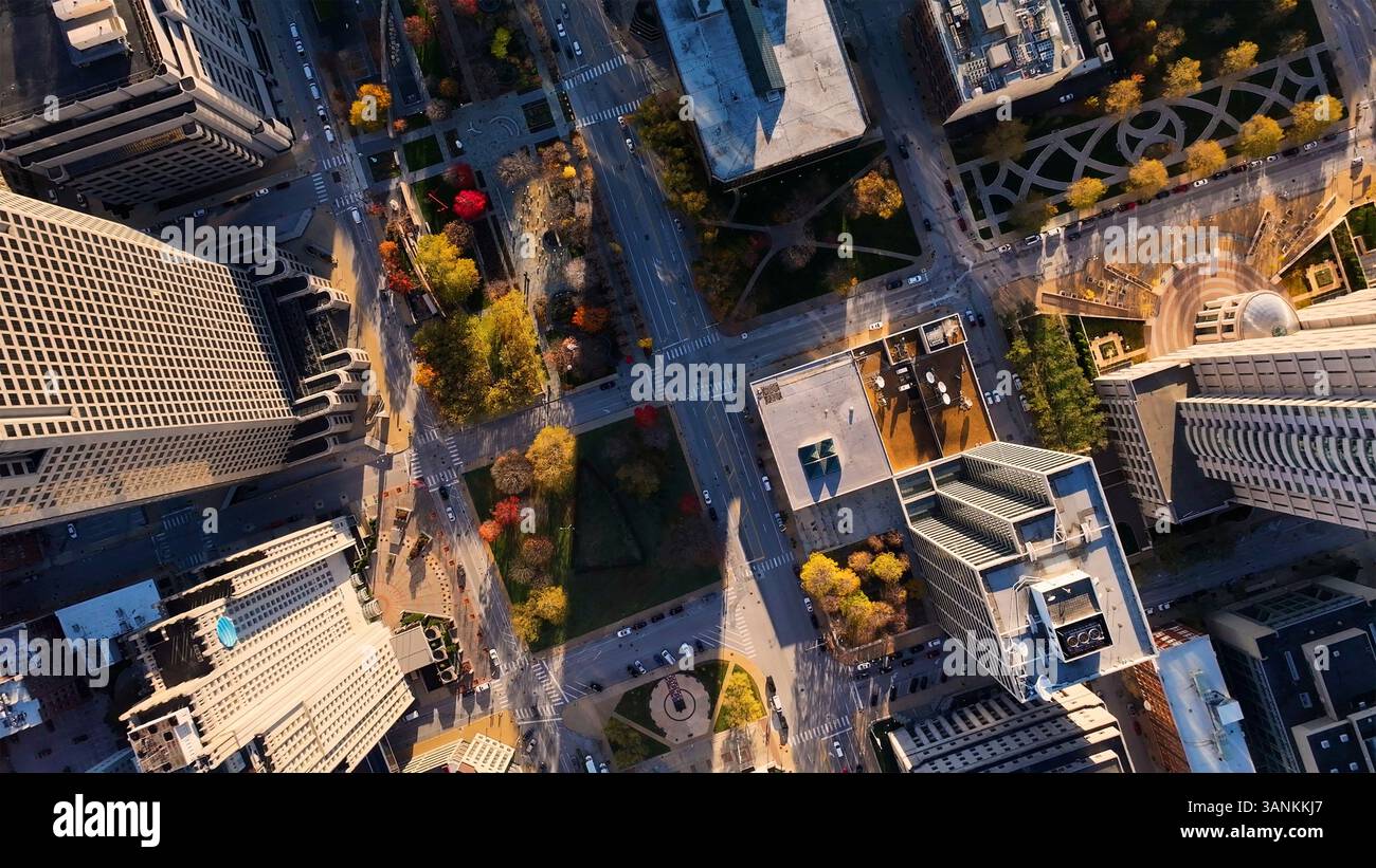 Aerial view of downtown St. Louis with traffic and rooftops among ...