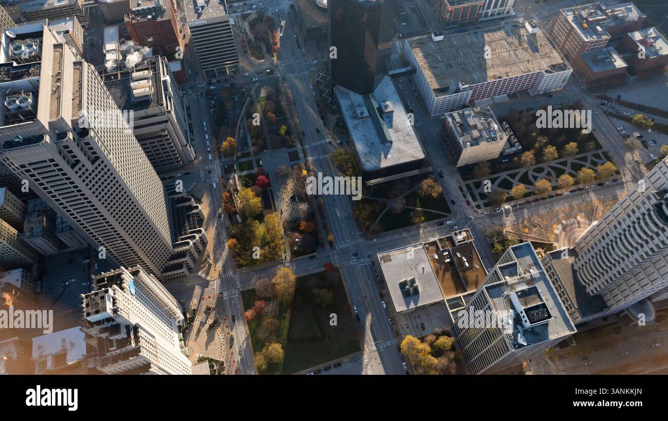 Aerial view of vibrant downtown St. Louis with bustling streets and ...
