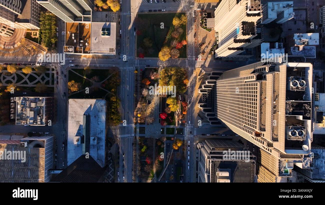 Aerial view of downtown St. Louis with traffic, rooftops, and autumn ...