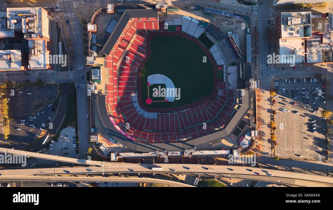Aerial view of busch stadium surrounded by urban architecture and ...