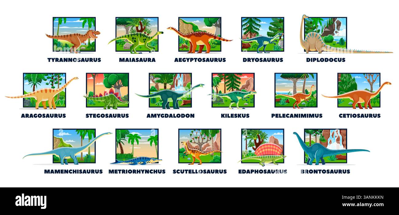 Prehistoric dinosaurs and cartoon lizards species with names, vector ...