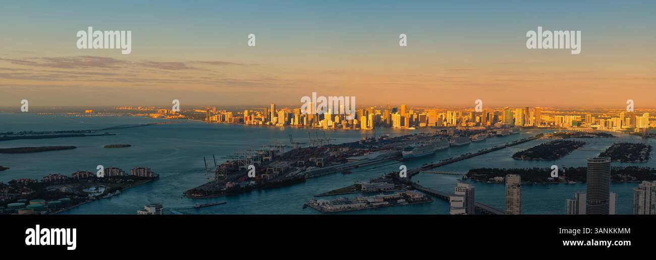 Aerial view of panoramic sunset skyline over Miami Beach with Palm ...
