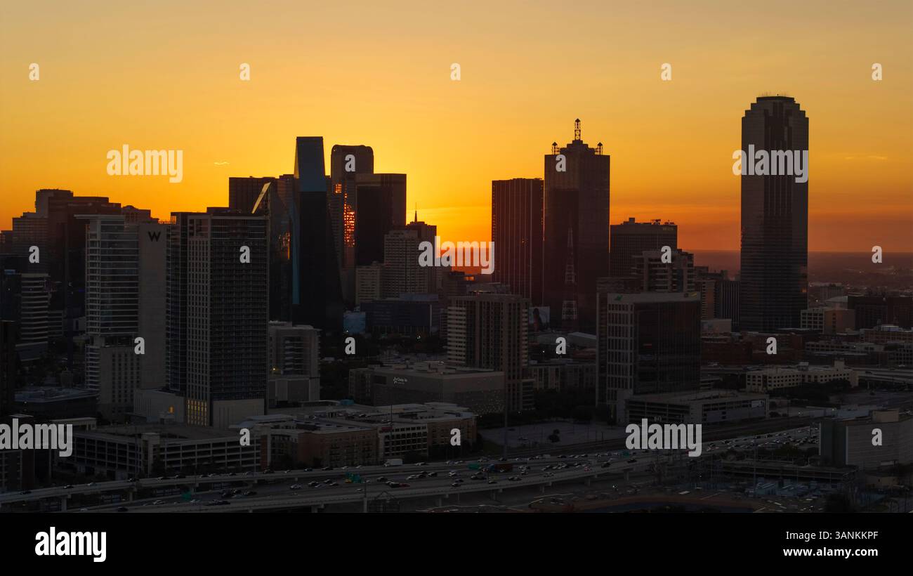 Aerial view of downtown skyscrapers and skyline at sunrise, Dallas ...