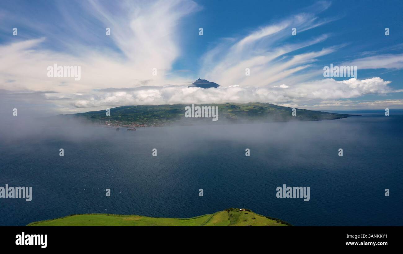 Aerial view of the picturesque island of Faial with majestic Pico ...