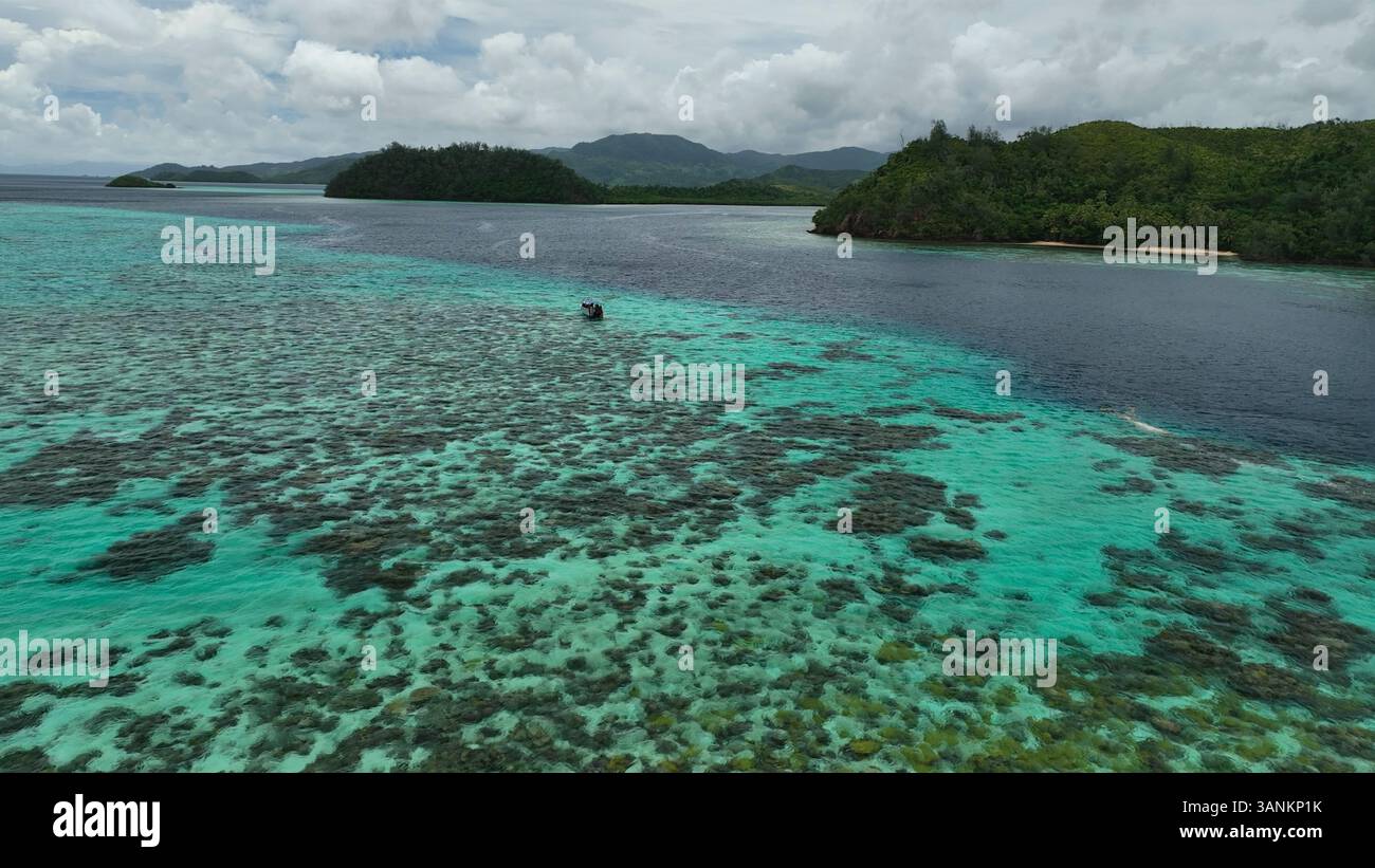 Aerial view of a beautiful tropical island with pristine reef and azure ...