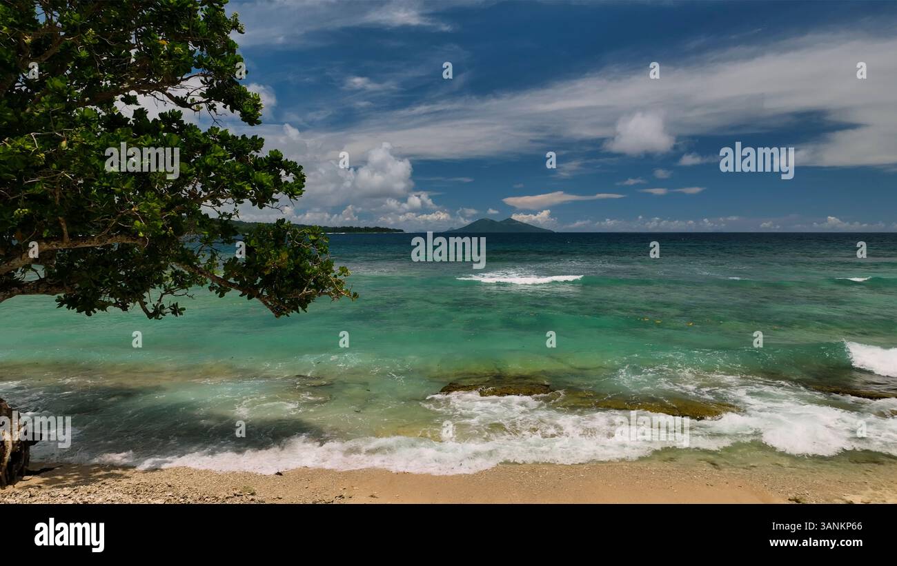 Aerial view of pristine tropical island with azure waters, palm trees ...