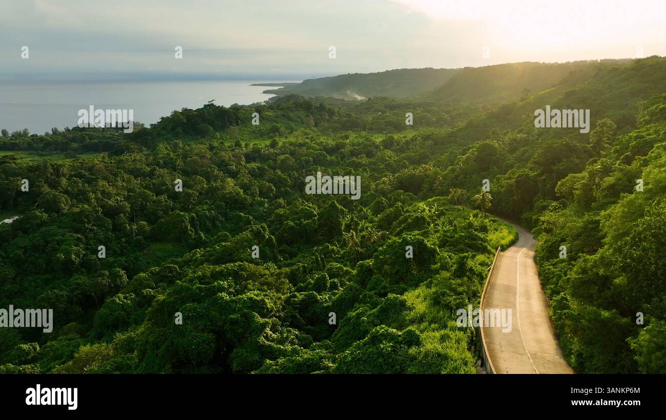 Aerial view of a curvy road through lush tropical forest at sunset ...