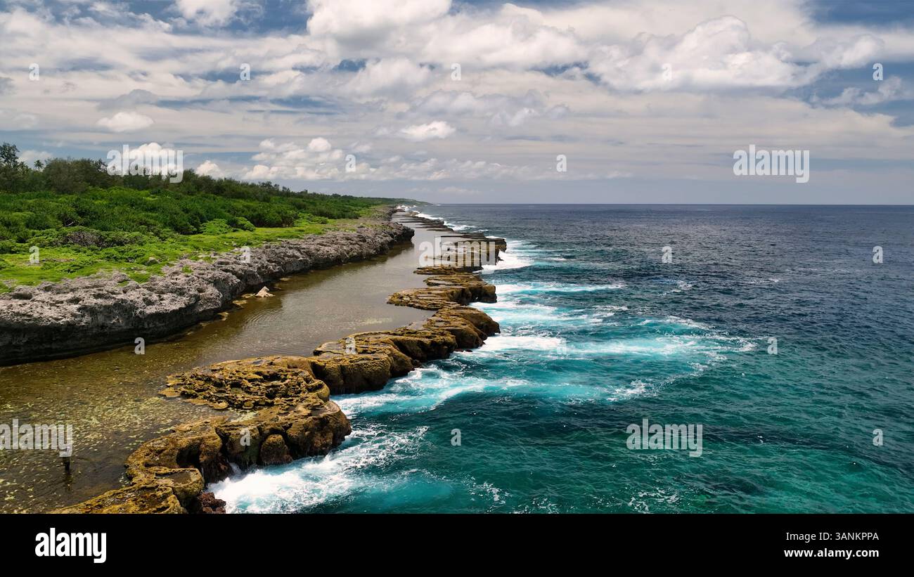Aerial view of a tropical island with lush palms and pristine coastline ...