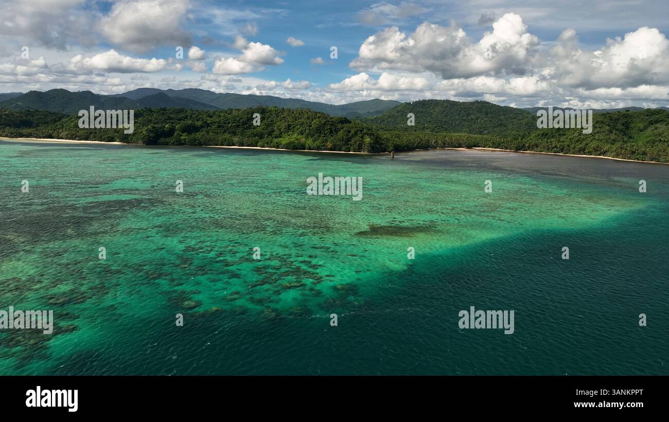 Aerial view of a tropical island with a coral reef and serene blue ...