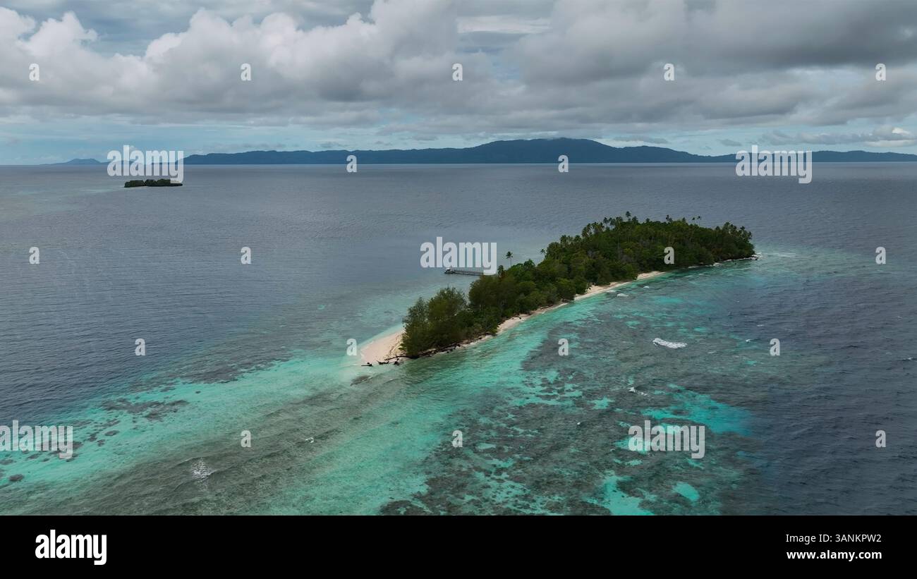 Aerial view of tropical island with beautiful reef and serene ocean ...